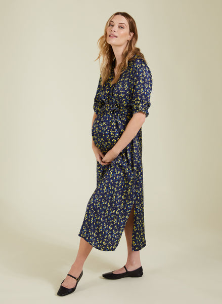 Kelsy Recycled Maternity Dress - Blue Blurred Ditsy | Isabella Oliver ...